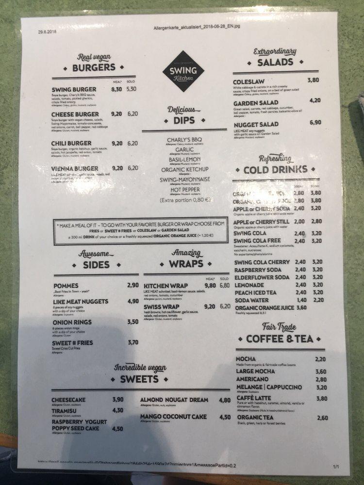 Menu at Swing Kitchen restaurant, Vienna, Operngasse 24