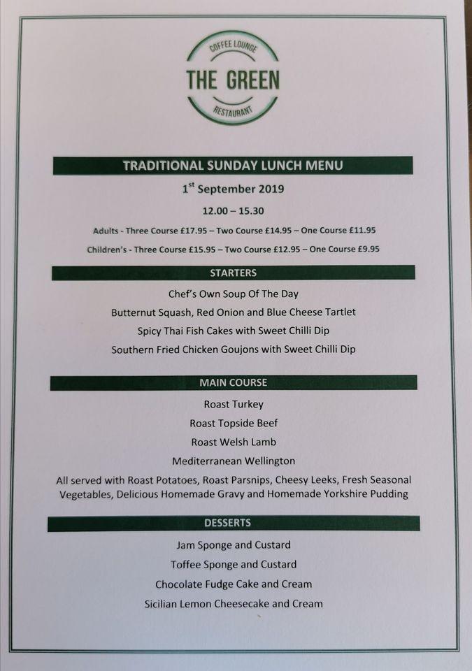 Menu at The Green cafe, Caerleon