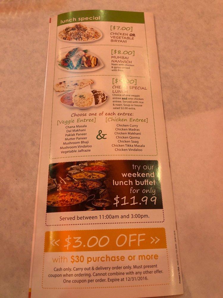 Menu at The Little India restaurant, Chicago, W Bryn Mawr Ave