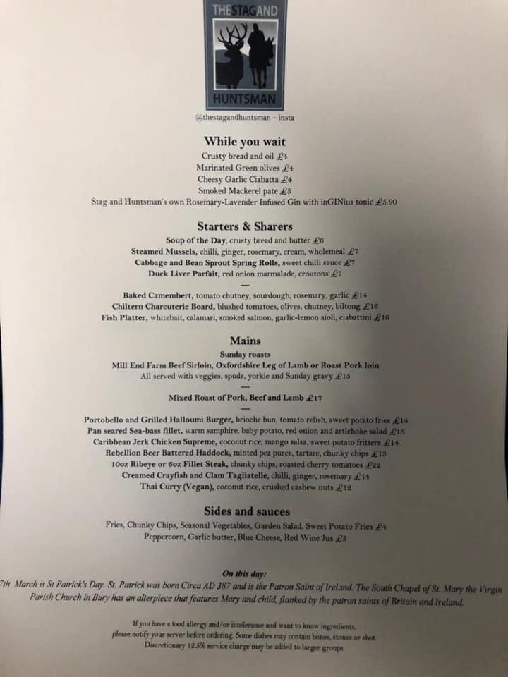 Menu at The Stag & Huntsman pub & bar, Henley-on-Thames, Hambleden Village