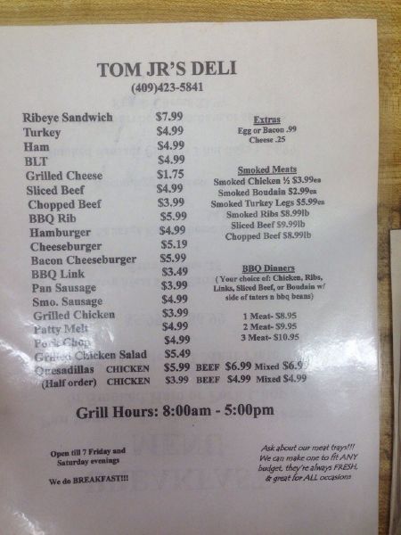 Menu at Tom Jr's Meat Market, Deli, Grill and Processing restaurant ...