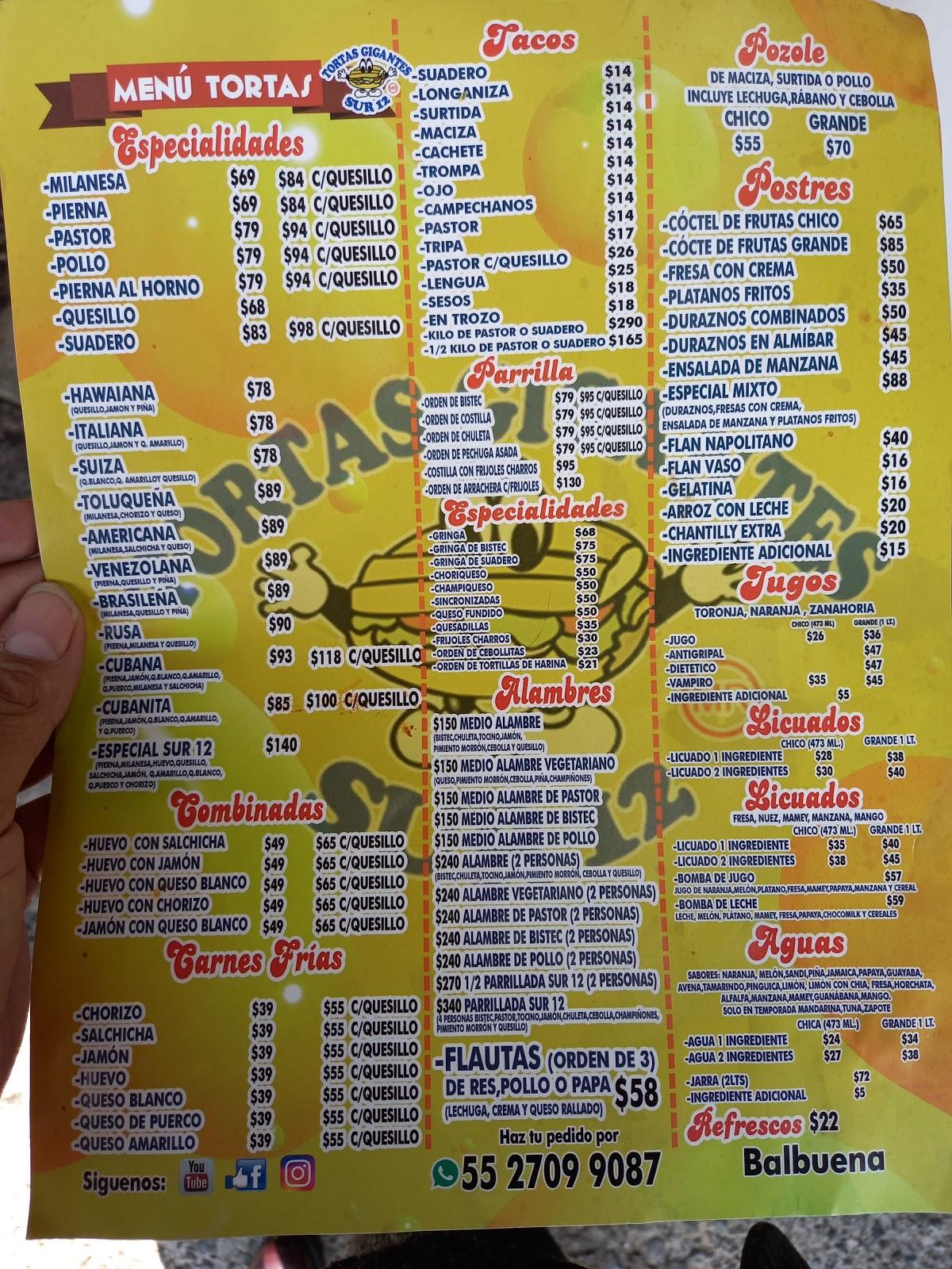 Carta del restaurante Tortas Gigantes Sur 12, Ciudad del México, Sur ...