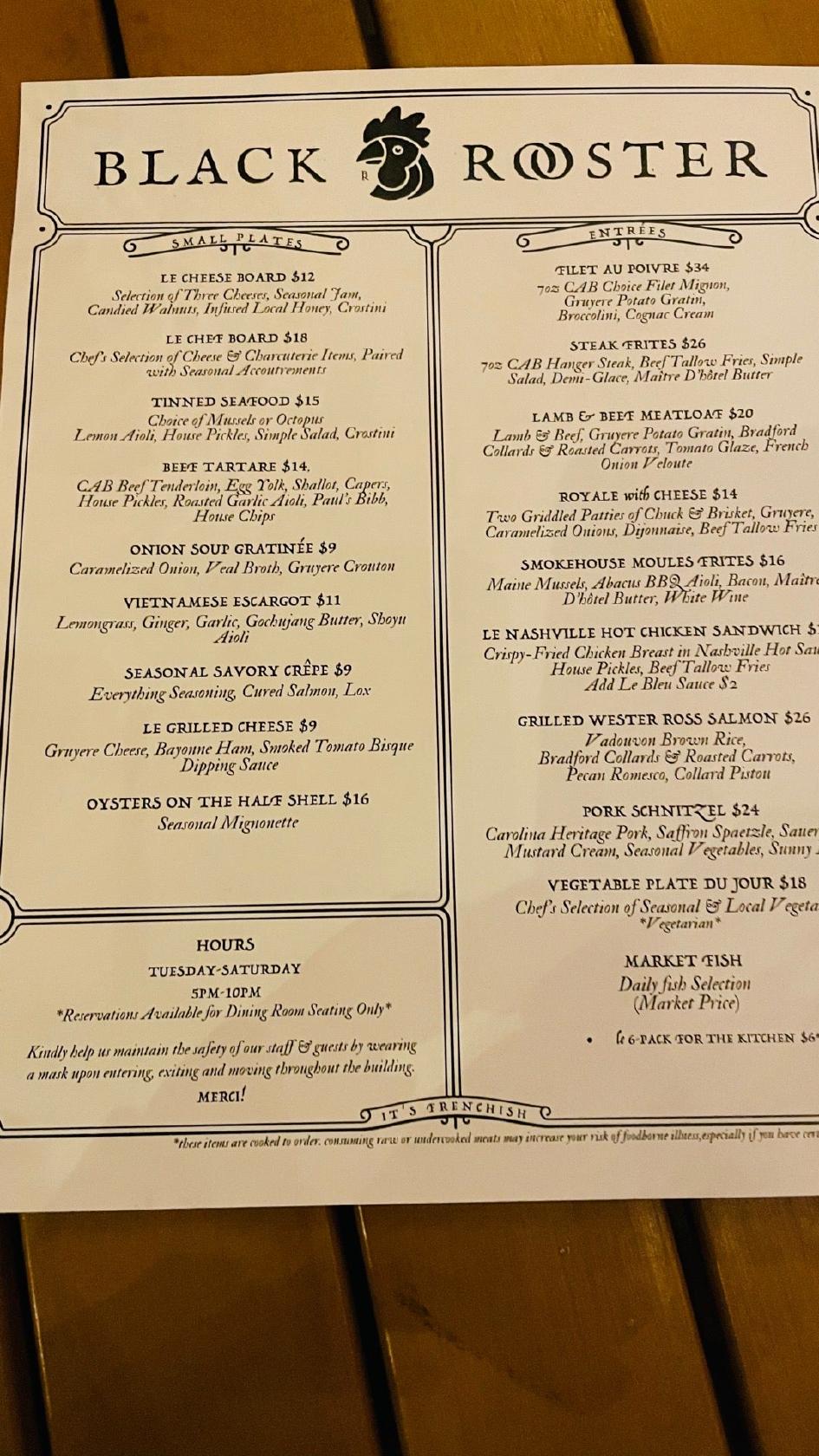 Menu at Black Rooster restaurant, West Columbia