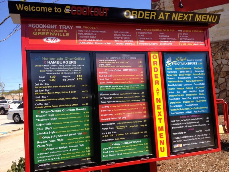 Menu at Cook Out fast food, Greenville, Laurens Rd