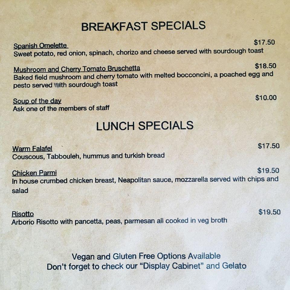 Carta del café D'Angelo Cafè, Fremantle