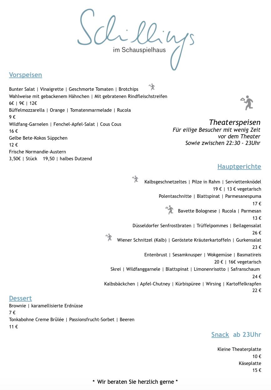 Menu at Schillings im Schauspielhaus restaurant, Düsseldorf