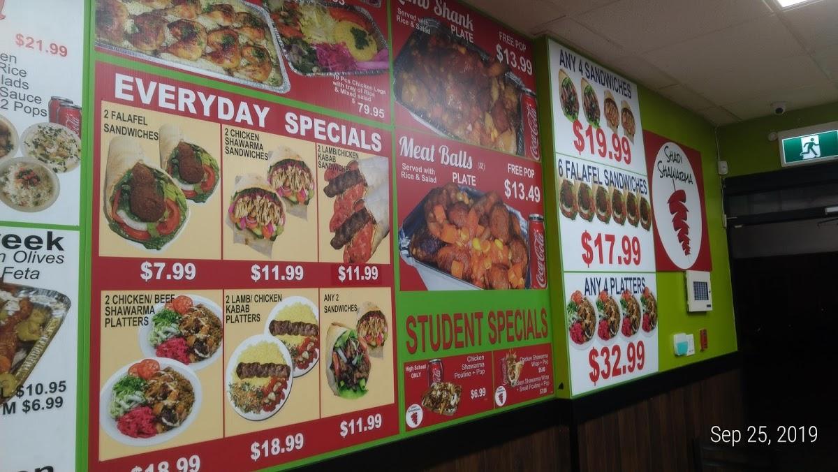 Menu at Shadi Shawarma restaurant, Toronto, 167 Roncesvalles Ave