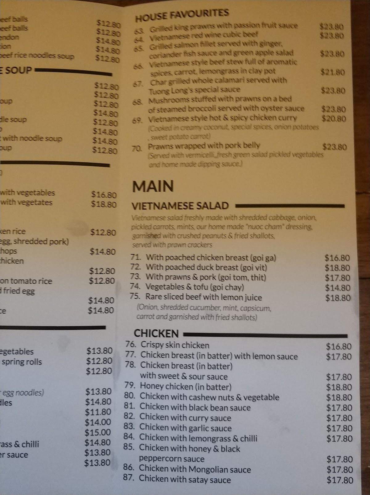 Menu at Tuong Long Vietnamese restaurant, Surrey Hills