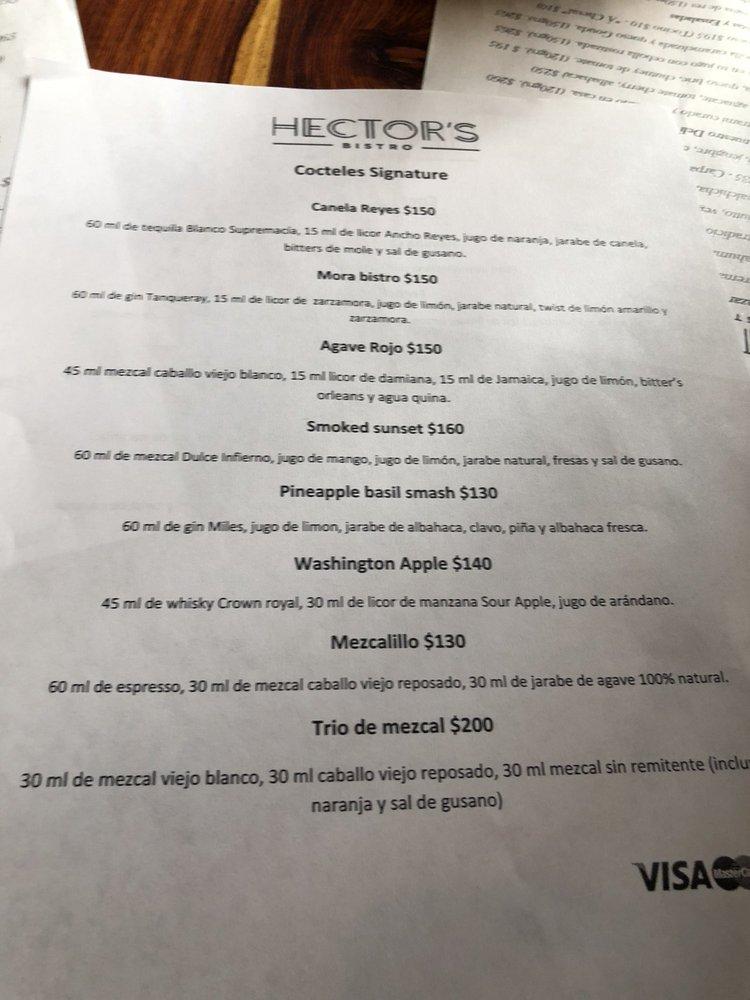 Menu at Hector's Bistro restaurant, Mazatlán
