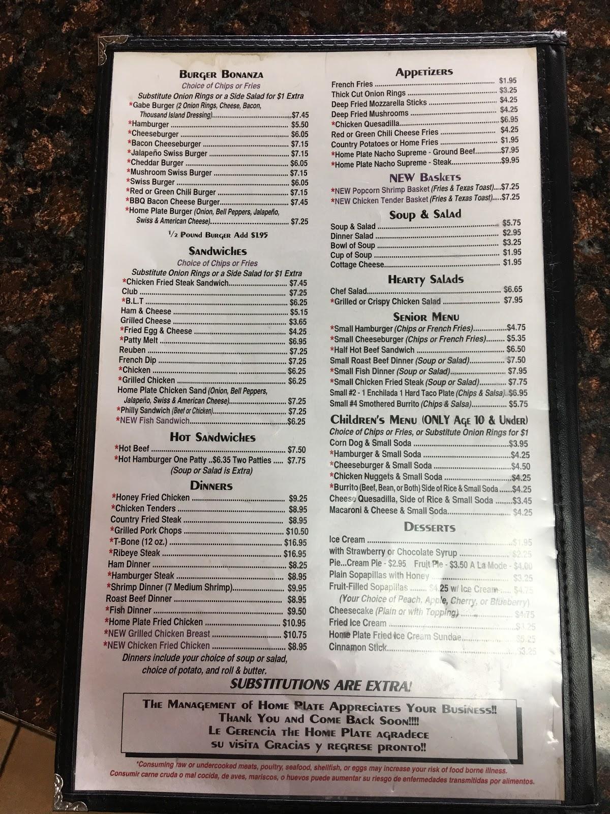 Menu at Home Plate Fort Morgan restaurant, Fort Morgan
