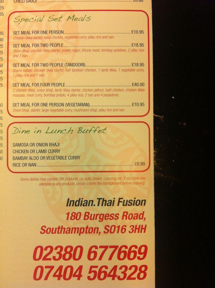 Menu at Indian.Thai Fusion restaurant, Southampton
