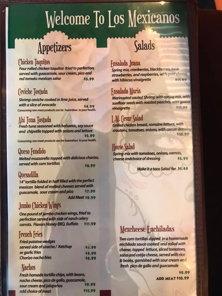 Menu at Los Mexicanos restaurant, Round Hill Village