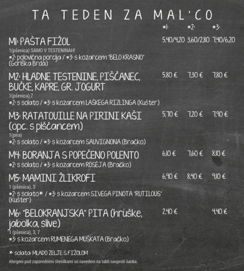 Menu at Malca Mimogrede restaurant, Maribor
