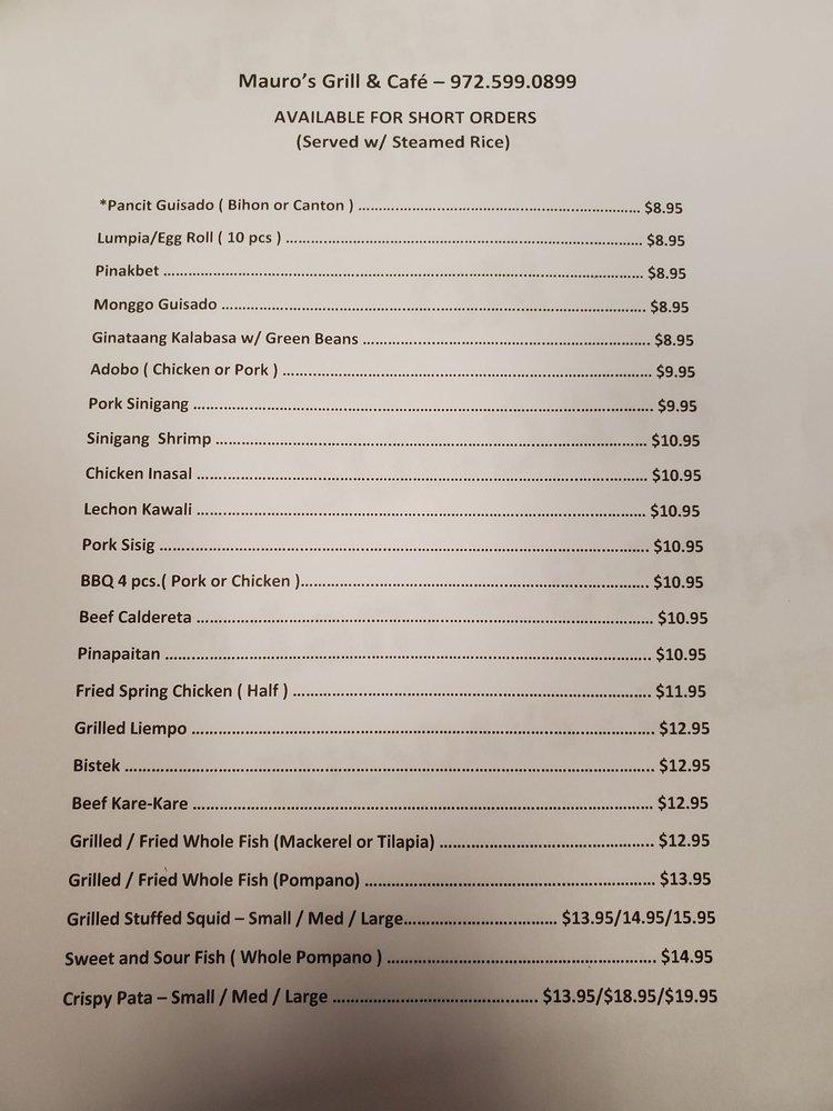 Menu at Mauro's Grill and Café - Filipino Cuisine restaurant, Plano
