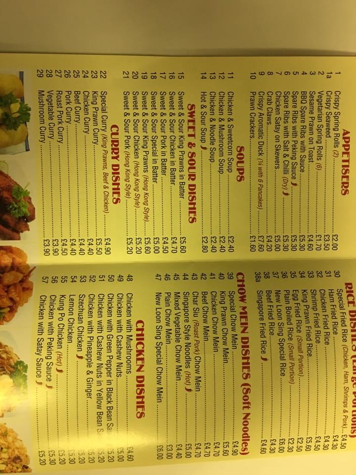 Menu at New Loon Sing fast food, Slough