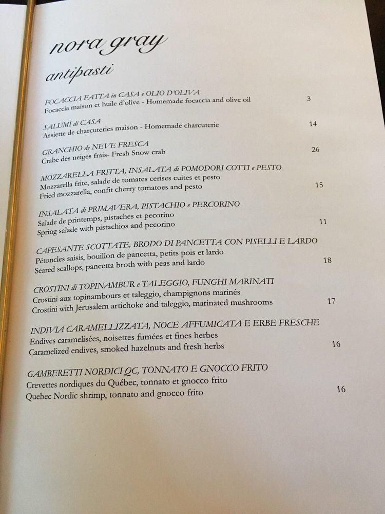 Menu at Nora Gray restaurant, Montréal
