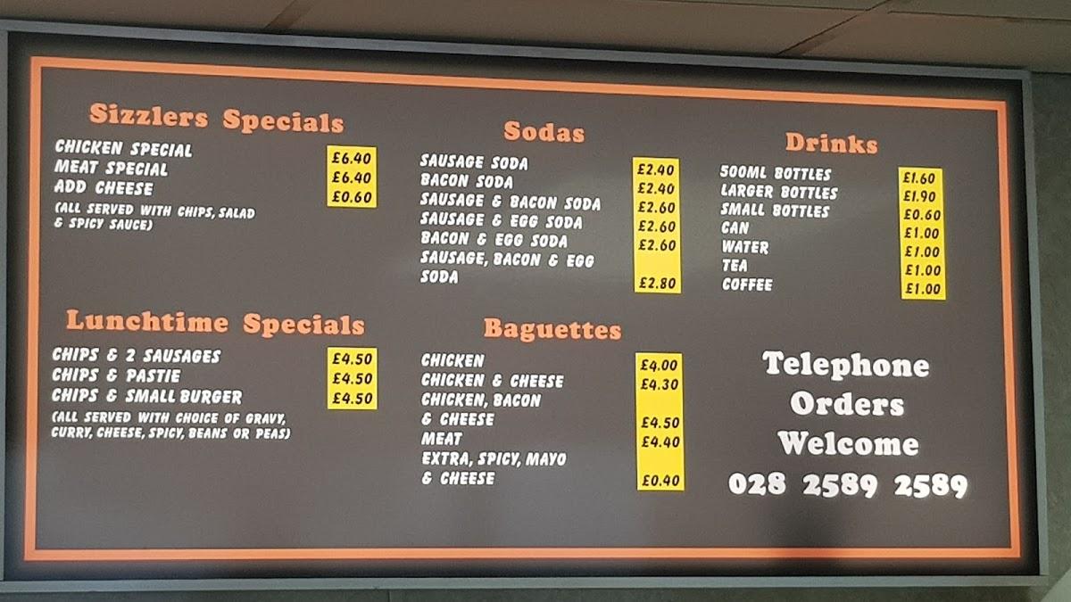 Menu at Sizzlers fast food, Ballymena, 16 Main St