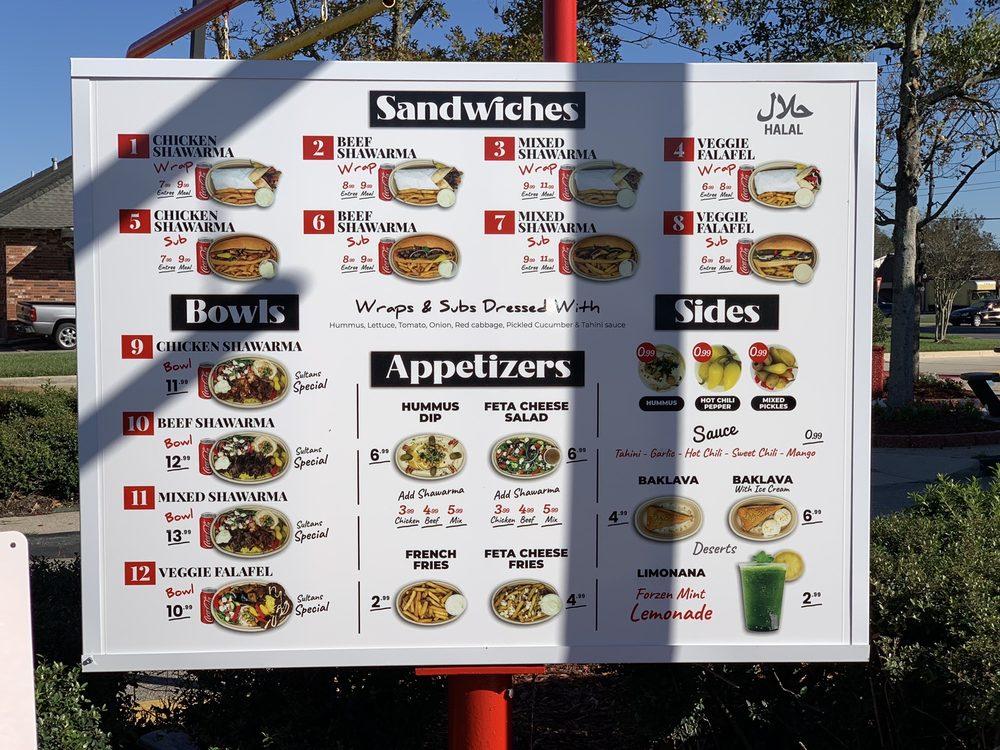 Menu at Sultan's Shawarma Shack restaurant, Gretna