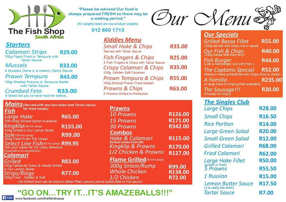 Menu at The Fish Shop - South Africa restaurant, Centurion