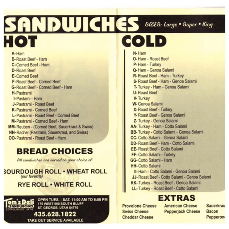 Menu at Tom's Deli Sandwiches, St. George
