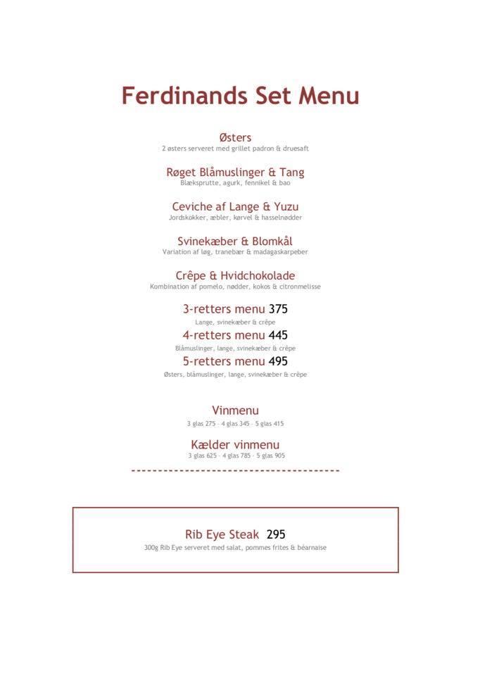 Menu at Restaurant @ Hotel Ferdinand, Aarhus