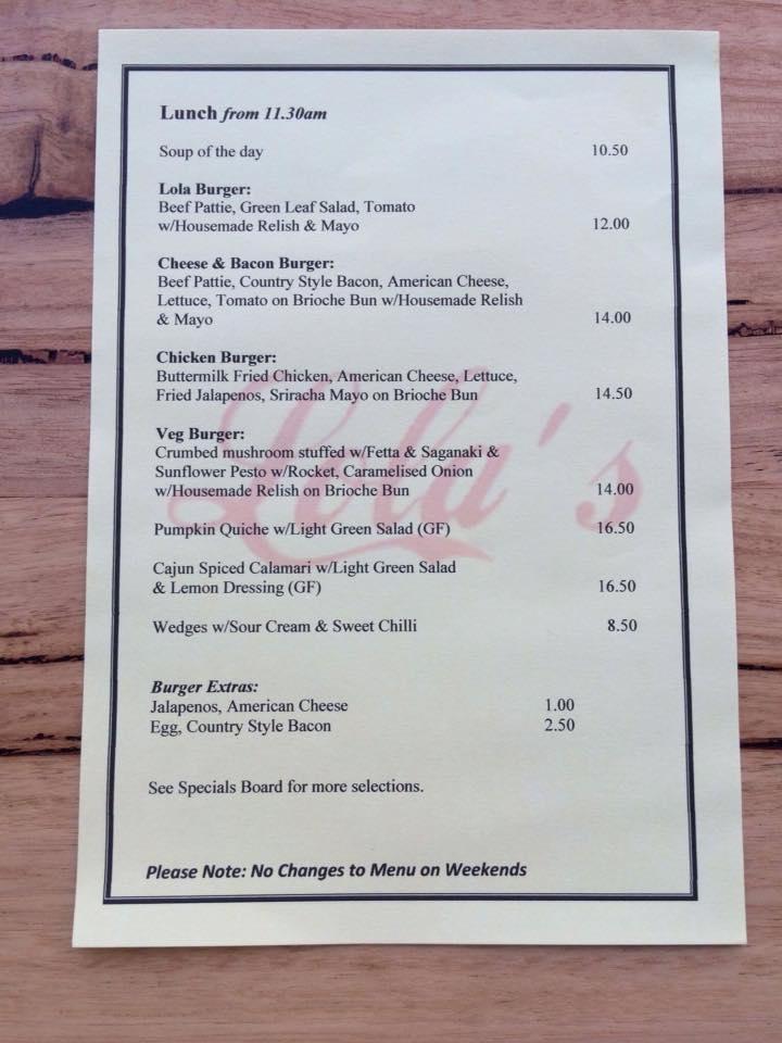 Menu at Lola's Cafe, Bacchus Marsh