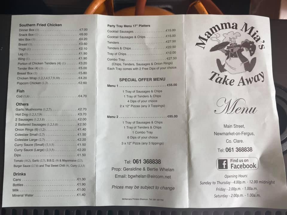 Menu at Mamma Mia Take Away pizzeria, Newmarket on Fergus
