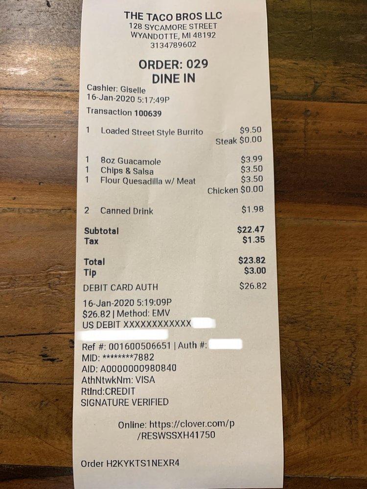 Menu at taco bros restaurant, Wyandotte