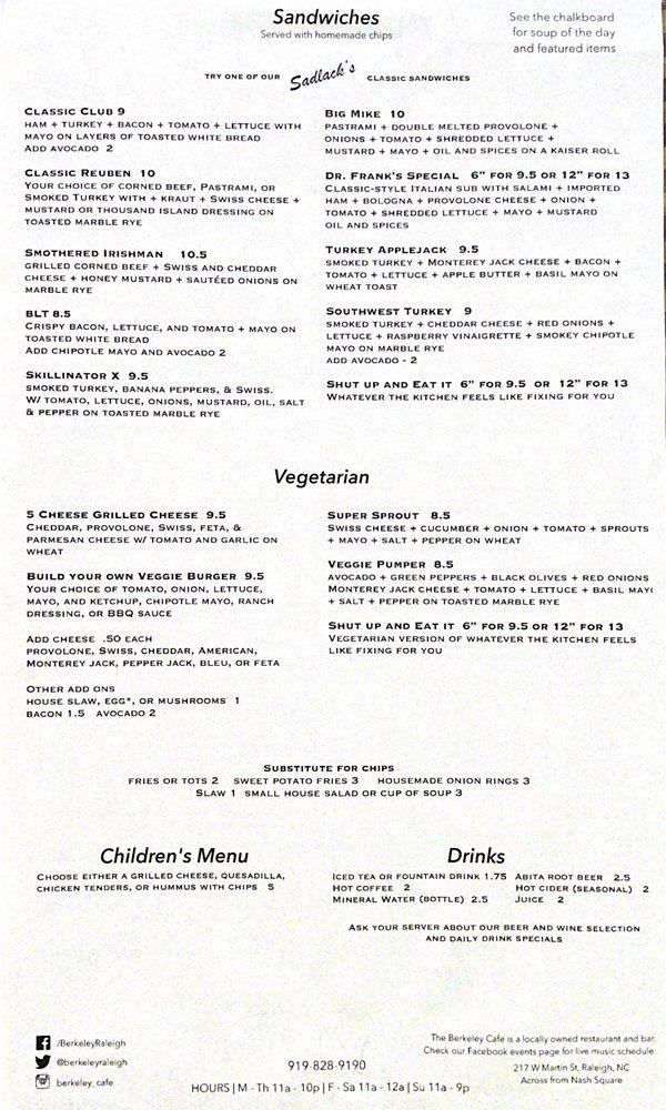Menu at Berkeley Cafe, Raleigh