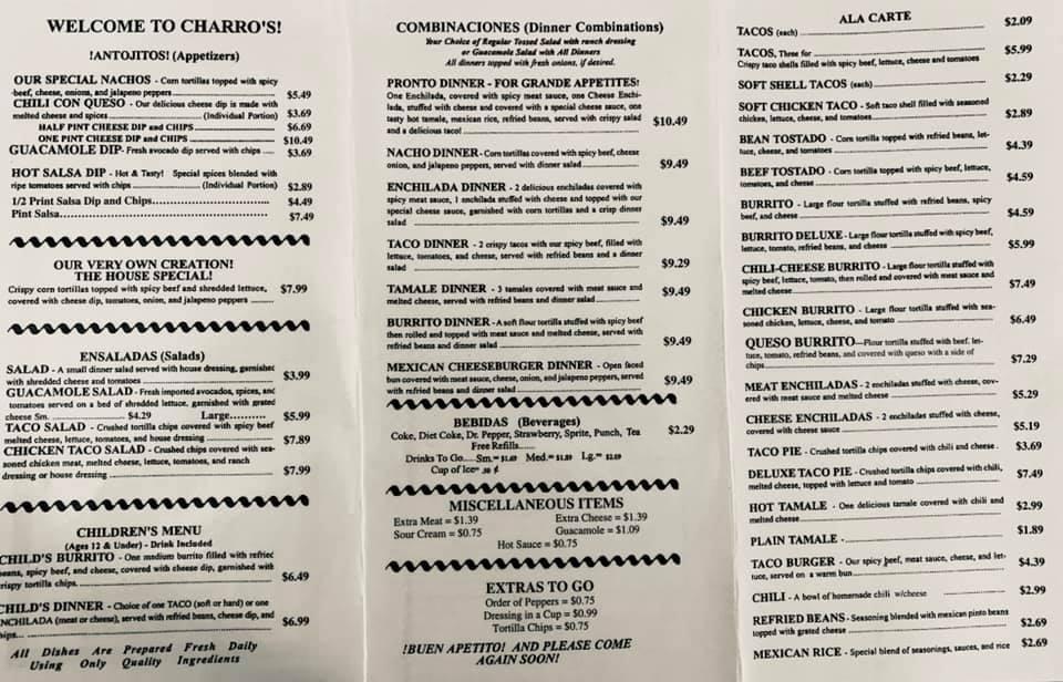 Menu at Charro's Mexican Food restaurant, Pine Bluff
