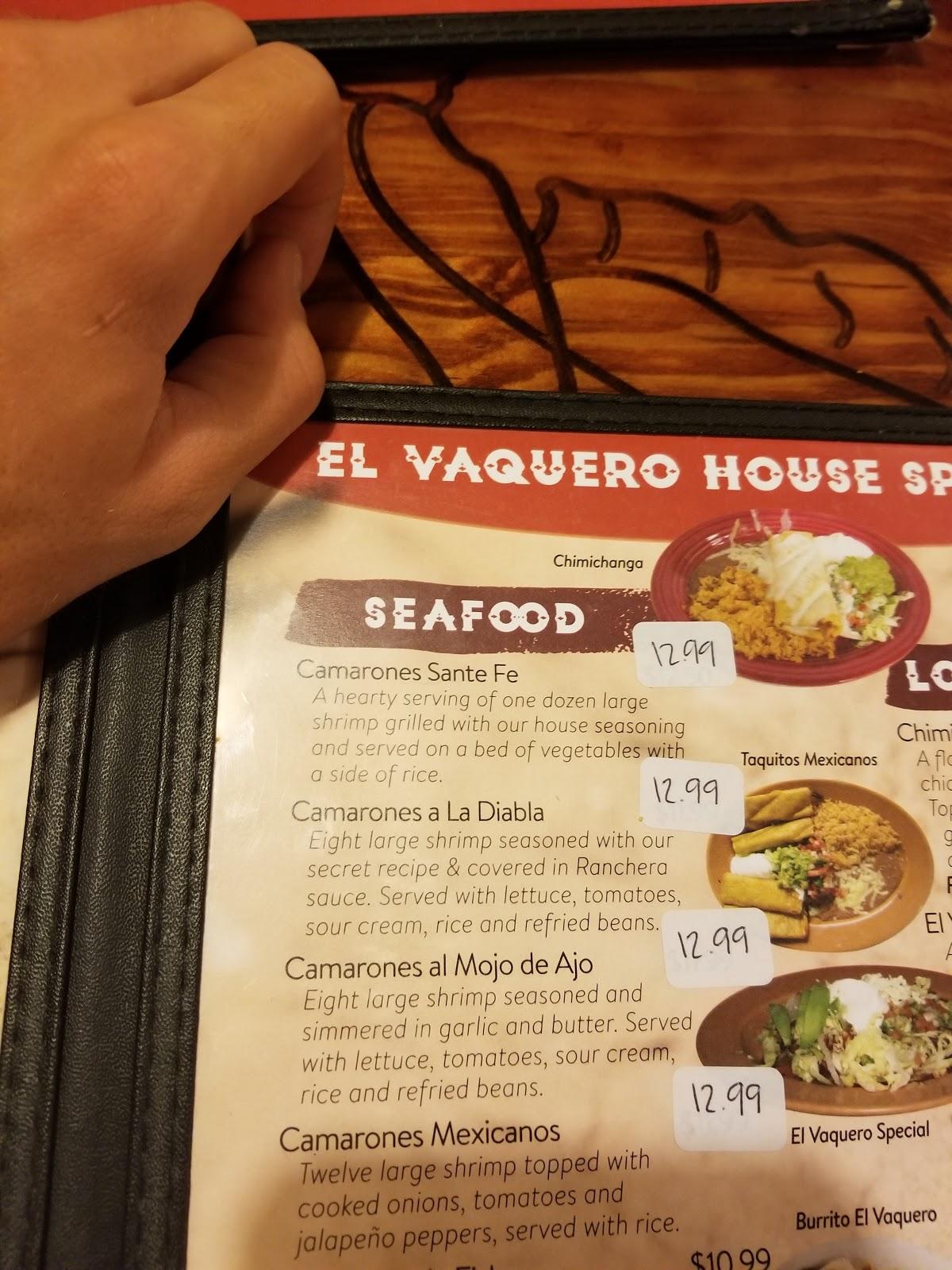 Menu at El Vaquero restaurant, Paris