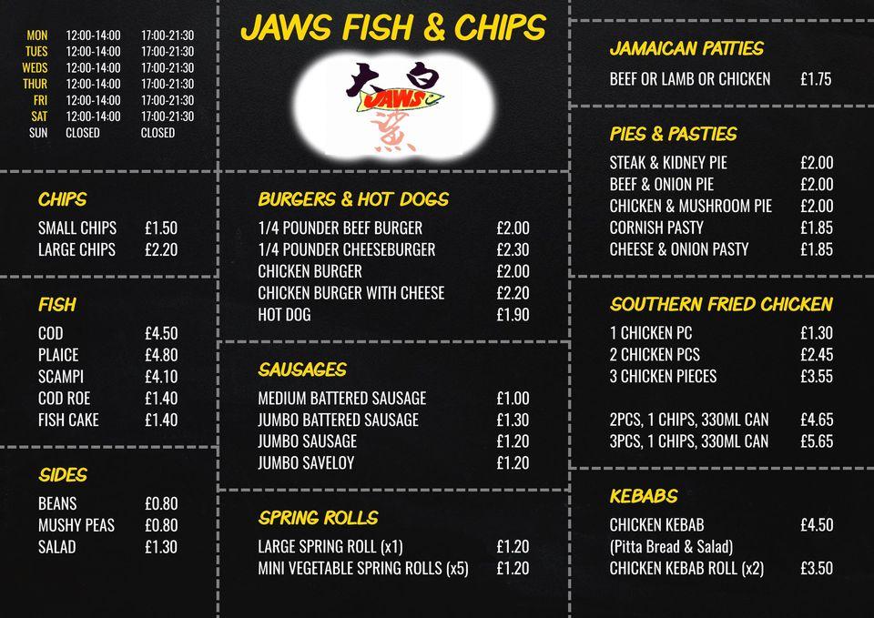Menu at Jaws restaurant, Wembley