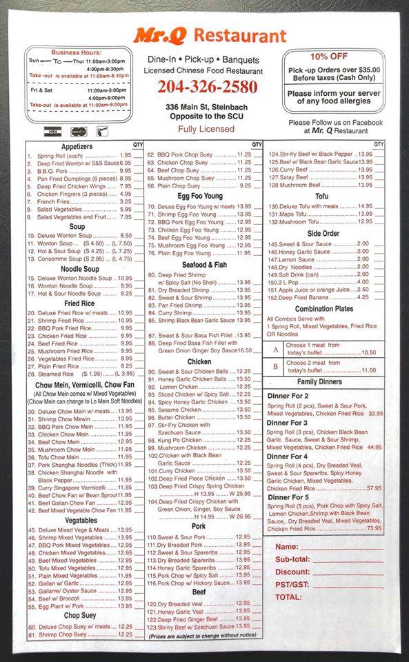 Menu at Mr. Q Restaurant, Steinbach