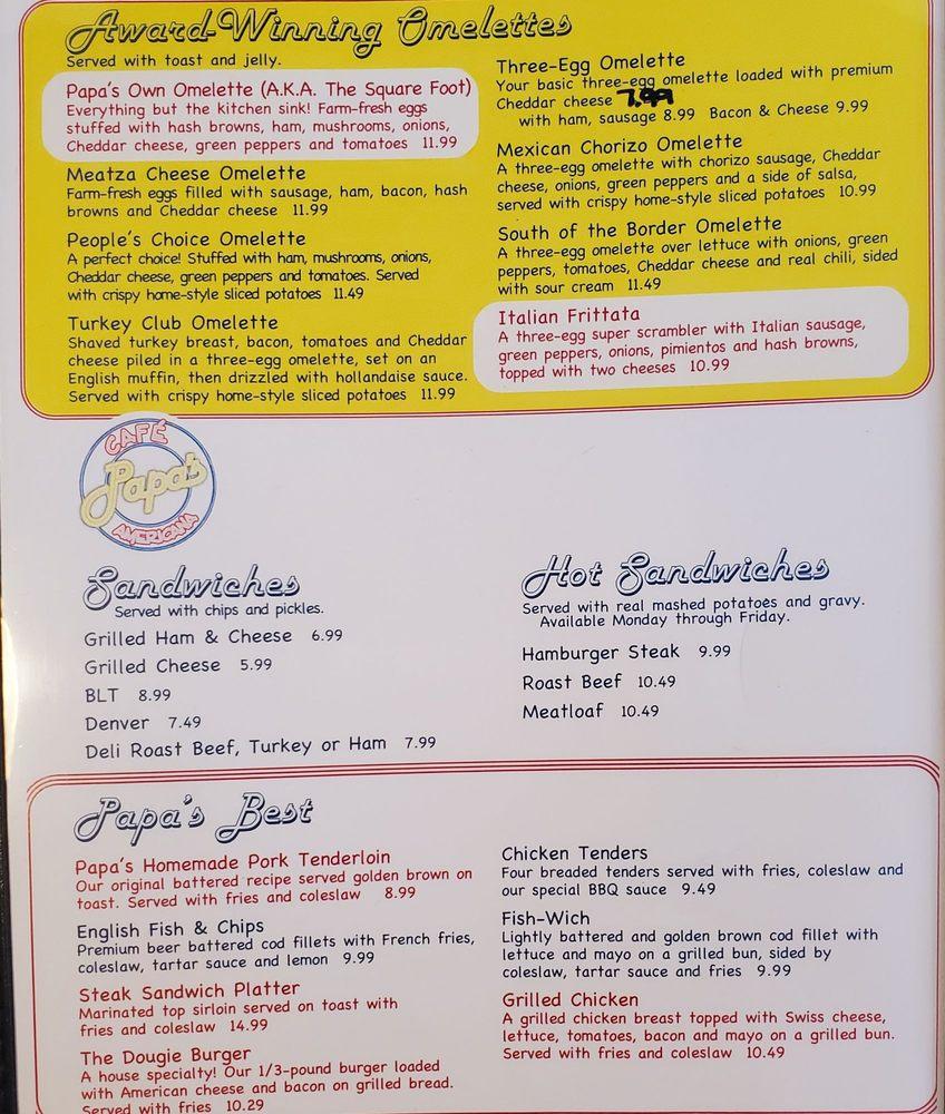 Menu at Papa's Cafe, New Hope