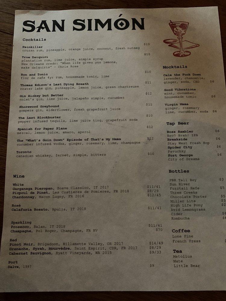 Menu at San Simón pub & bar, Bend
