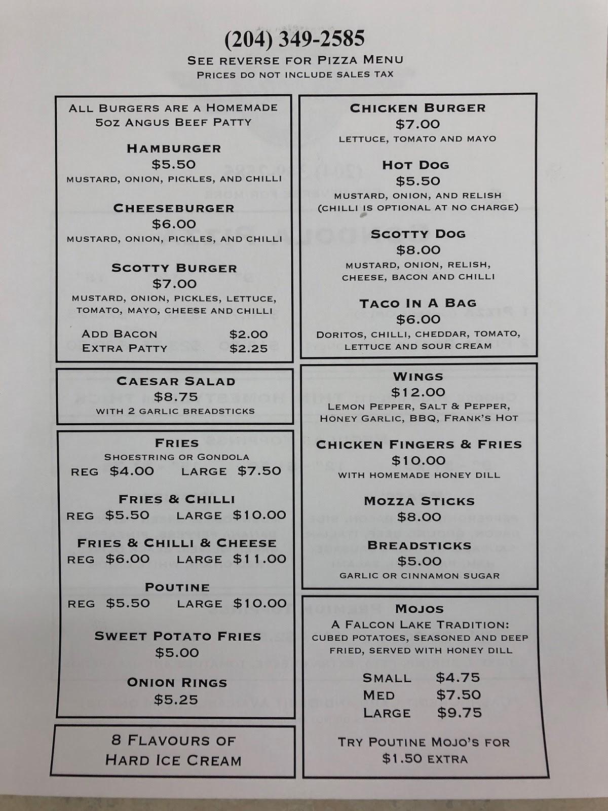 Menu at Scotty's Drive In pizzeria, Falcon Beach