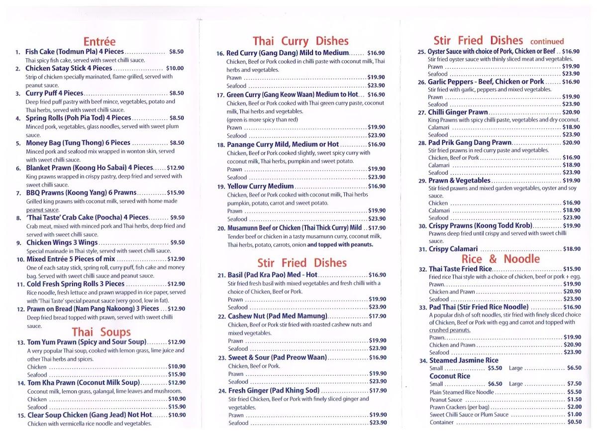 Menu at Thai Taste Restaurant, Norman Gardens