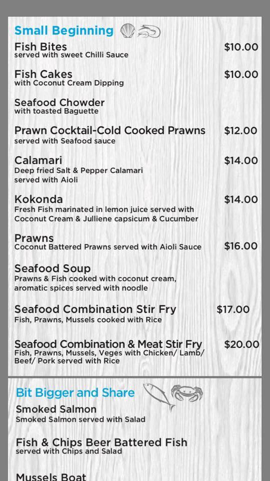 Menu at The Seafood Kitchen restaurant, Auckland