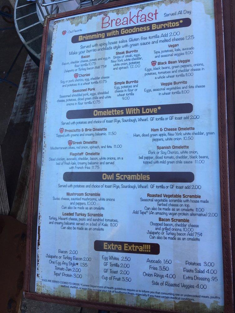Menu at The Toasted Owl Cafe, Flagstaff