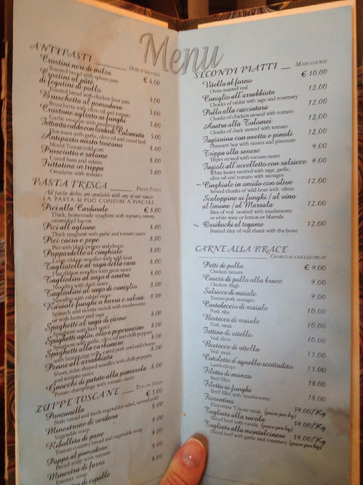 Menu da Antica Trattoria Papei ristorante, Siena, Piazza Mercato