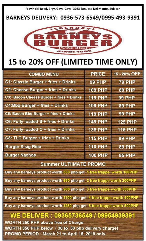 Menu at Barneys Burger, San Jose del Monte City
