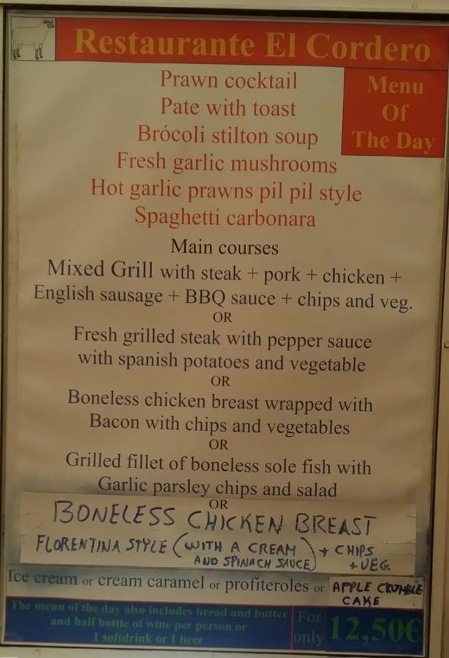Menu at Restaurante El Cordero, Benalmádena