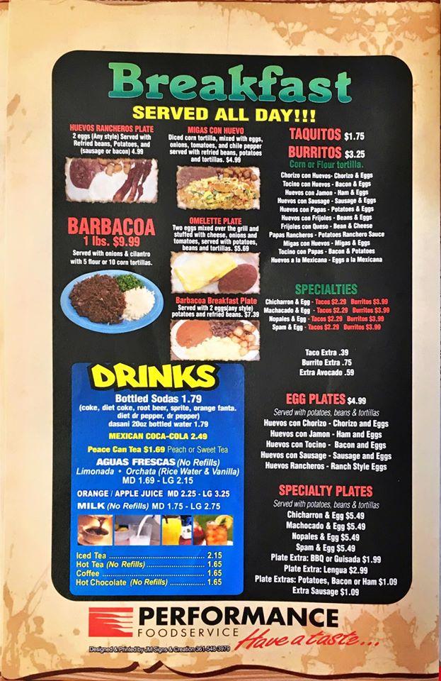 Menu at Mini Jalisco Drive Thru restaurant, Gregory