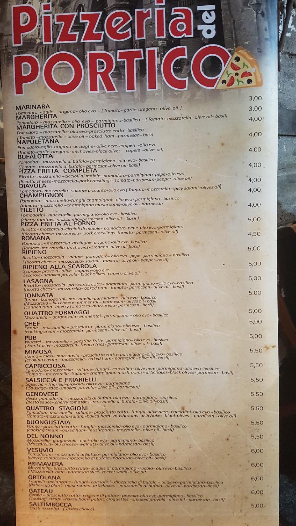 Menu at Pizzeria e Trattoria Portico, Naples