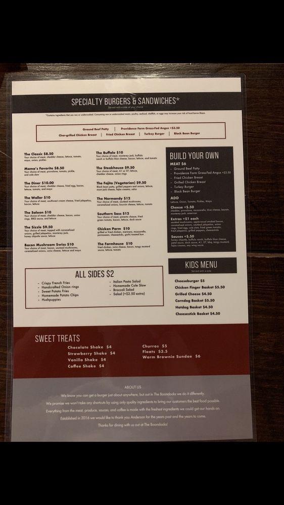Menu at The Boondocks restaurant, Anderson, North Highway 81 Iva