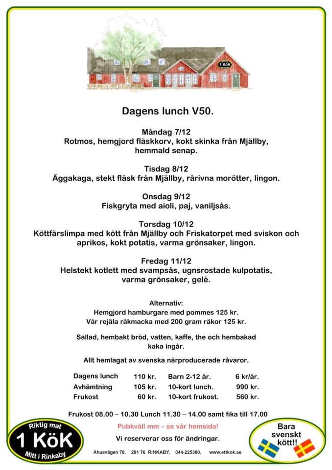 Menu at 1 KöK restaurant, Sweden