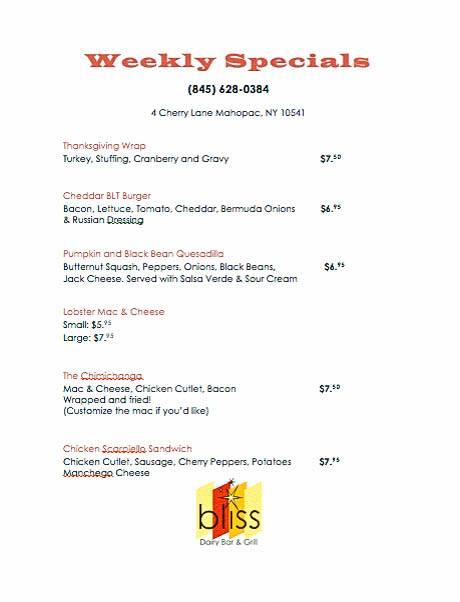 Carta de Bliss Dairy Bar & Grill, Mahopac