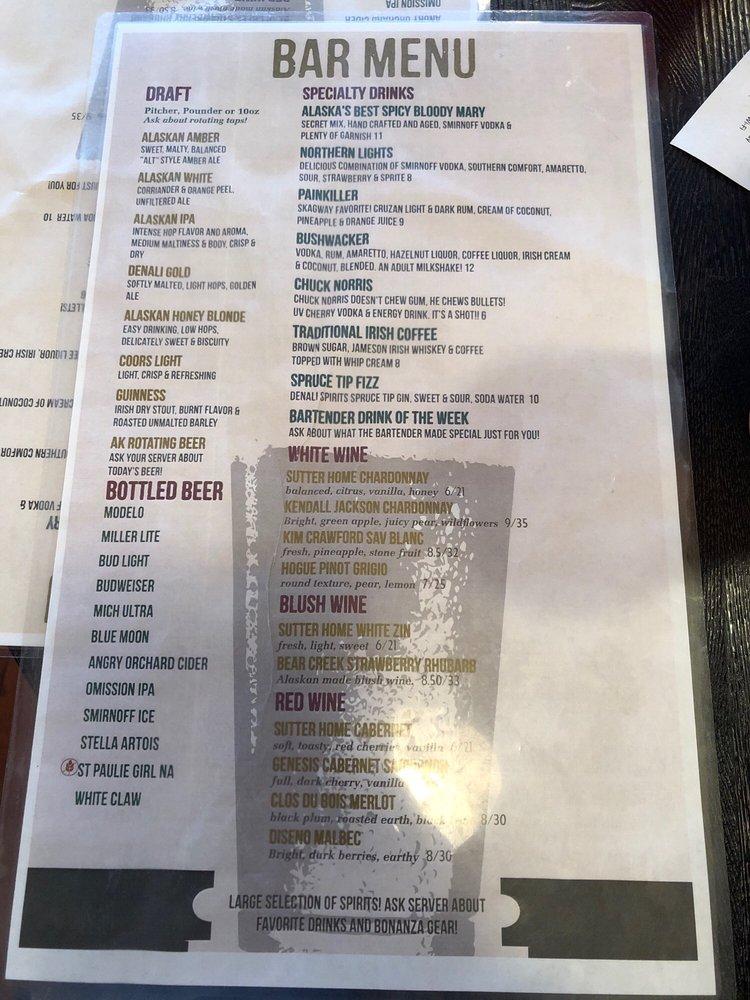Menu at Bonanza Bar & Grill, Skagway