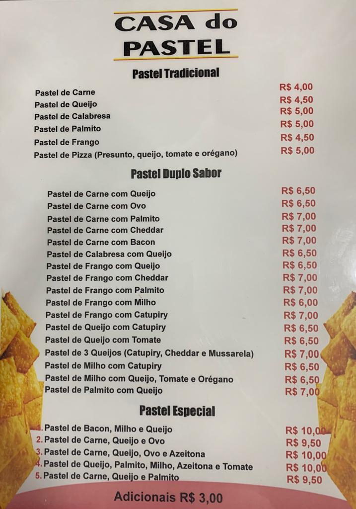 Menu em Casa do Pastel cafeteria, Quatro Barras