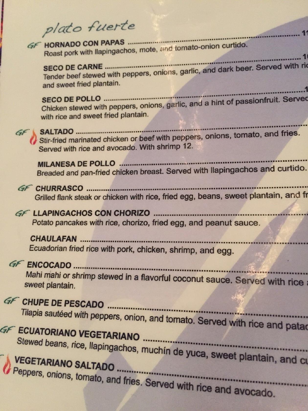 Menu at Chimborazo restaurant, Minneapolis